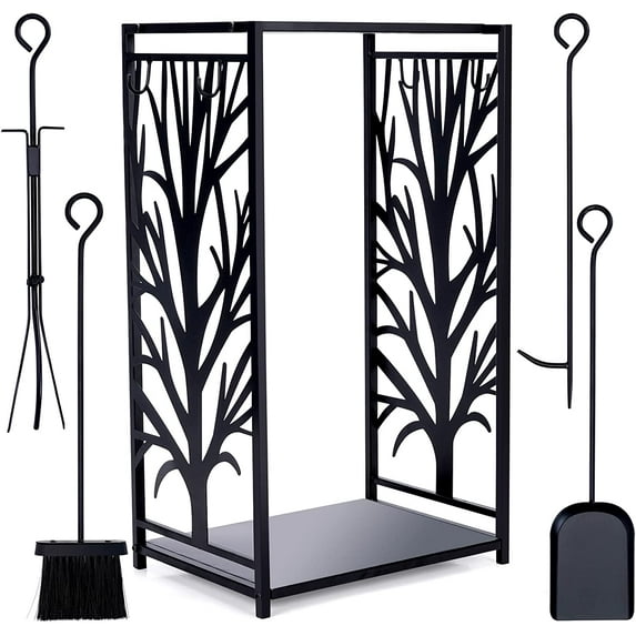 Firewood Rack Fire Log Holder Storage Set with 4 Tools Brush, Shovel ...
