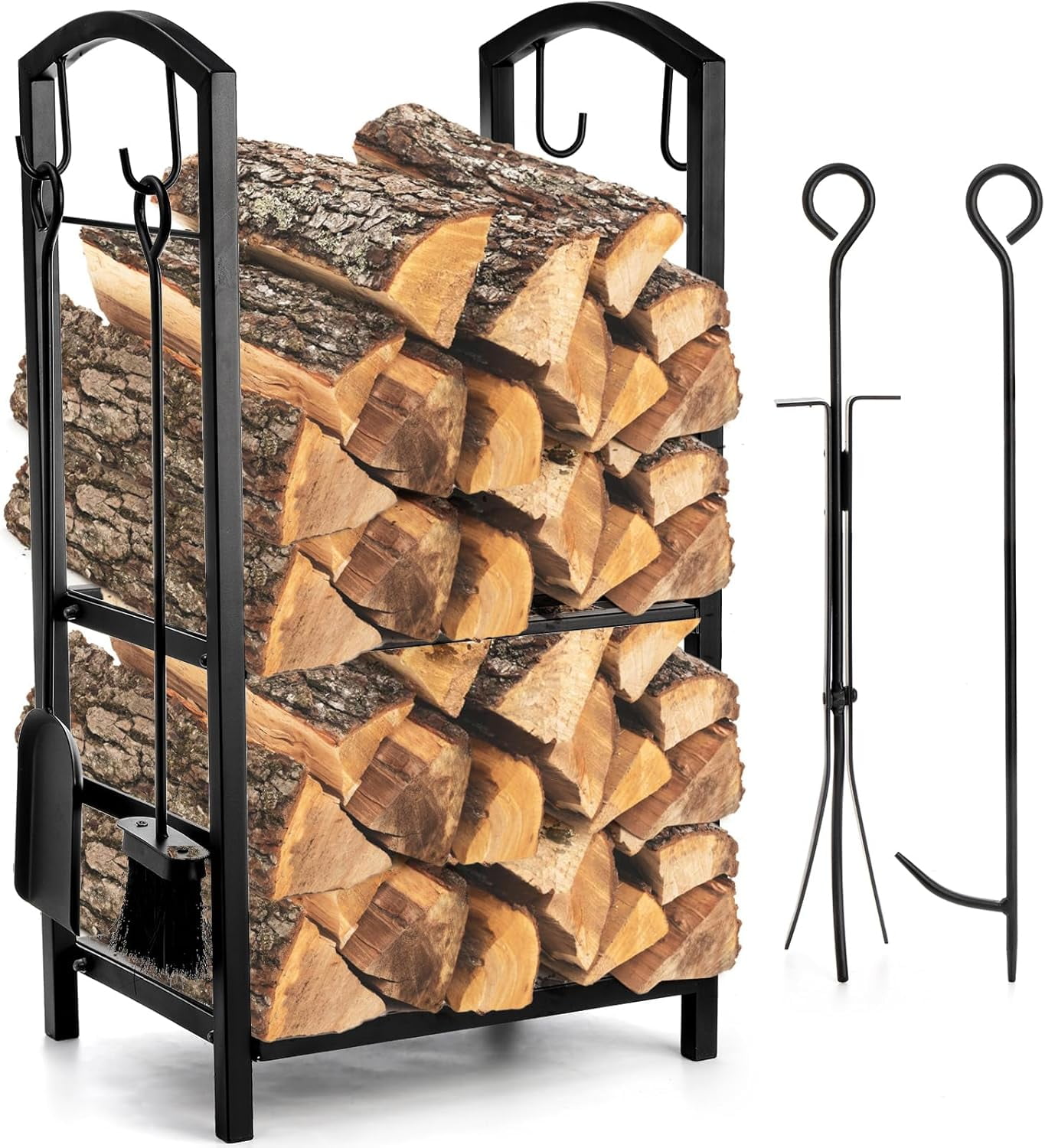 Firewood Rack with Fireplace Tools, 2-Tier Indoor Outdoor Fireplace ...