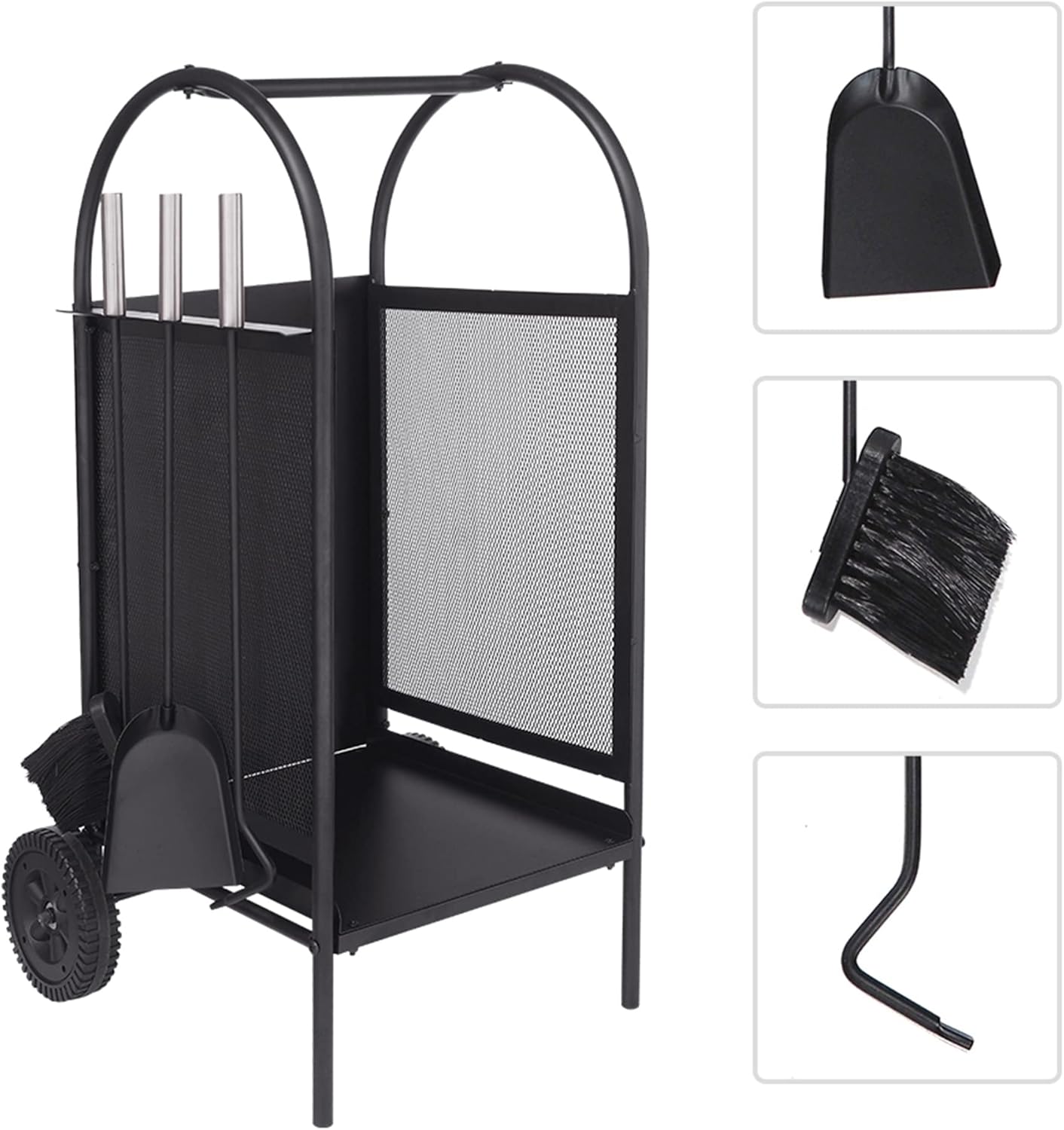 Firewood Rack with Fireplace Tools Wrought Iron Firewood Holder Carrier ...