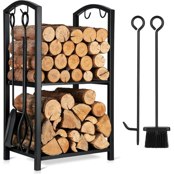 Firewood Rack Indoor Outdoor with Tools, 5-Piece Fireplace Tools Set ...