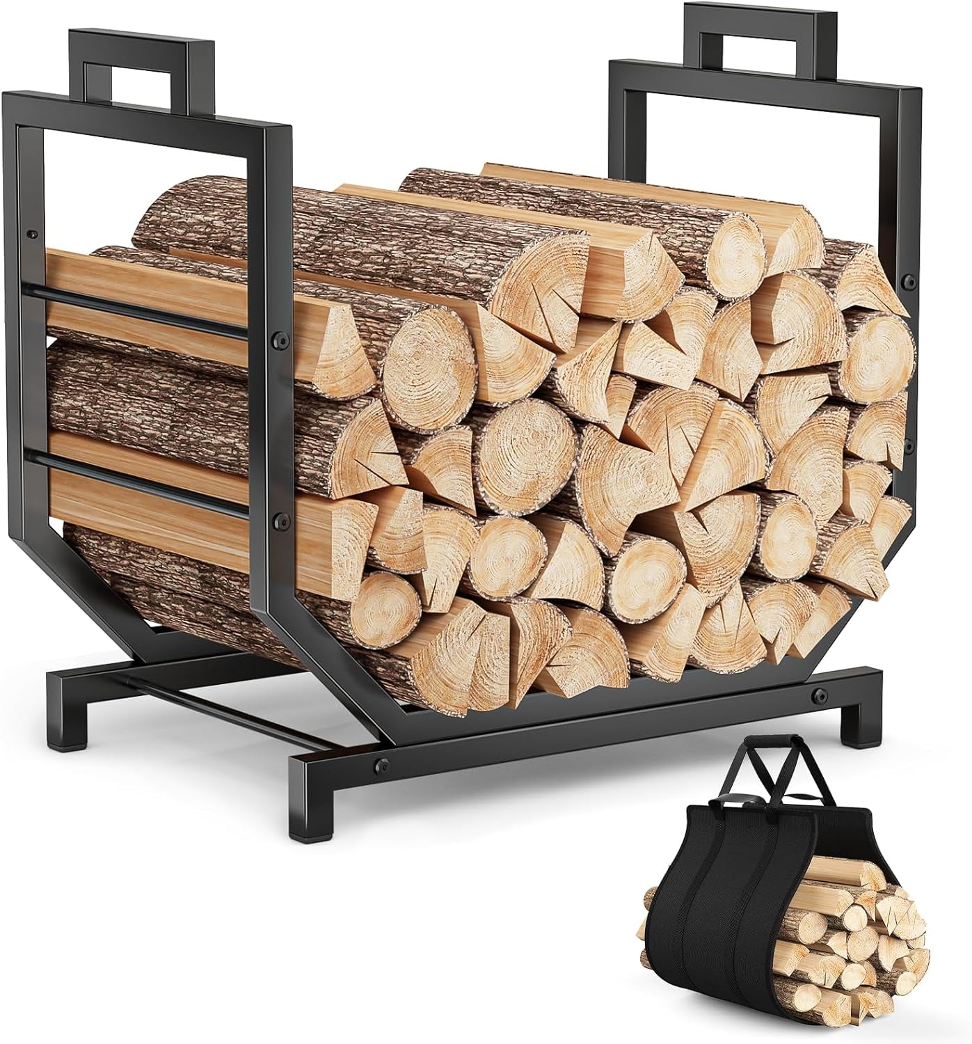 Firewood Rack Outdoor Indoor with Carrier, Metal Wood Heavy Duty Holder ...