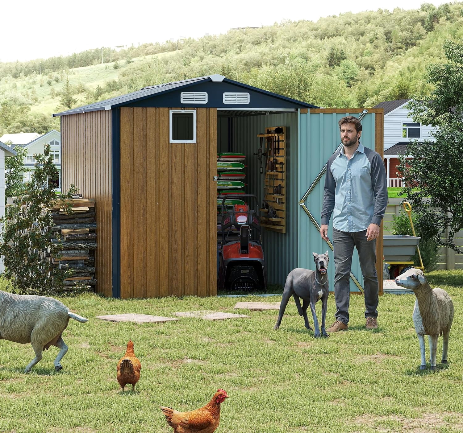 Firewood Rack Outdoor Metal Storage Shed Two-in- Function with Sloped ...