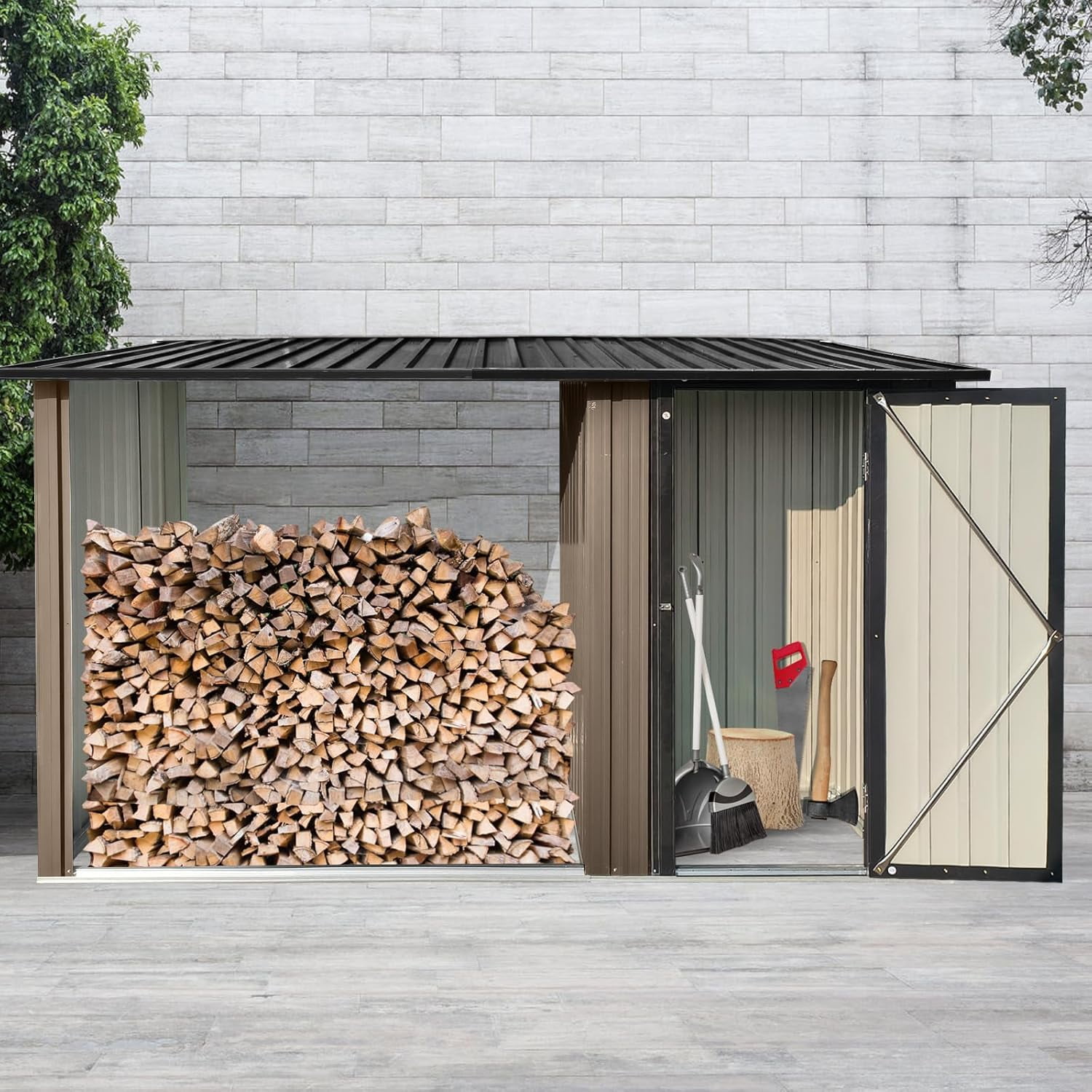 Firewood Rack Outdoor Metal Storage Shed Two-in- Function with Sloped ...