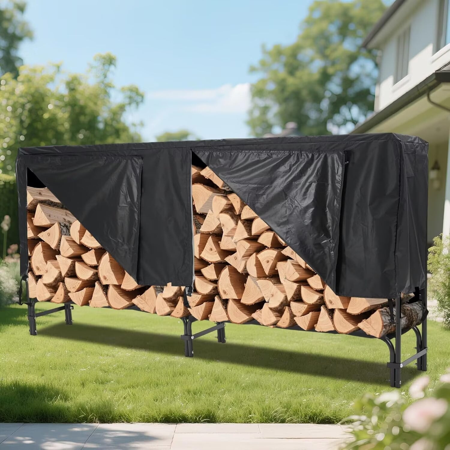 Firewood Rack with Waterproof Cover, Heavy Duty Outdoor Wood Holder ...