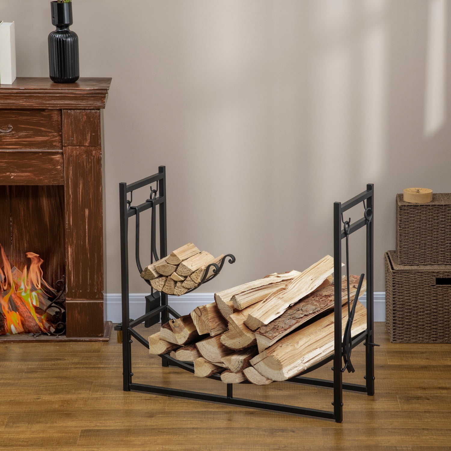 Firewood Rack with Fireplace Tools, Indoor Outdoor Firewood Holder ...