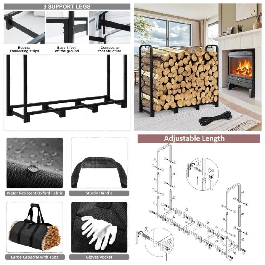 Firewood Rack with Log, 4FT Outdoor Wood Rack Firewood, Heavy Duty ...