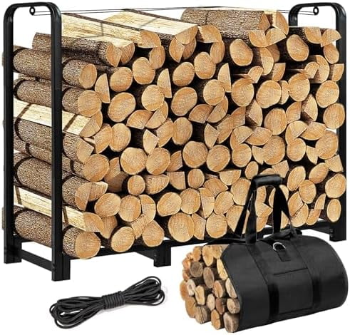 Firewood Rack with Log Carrier, 4FT Outdoor Wood Rack for Firewood ...