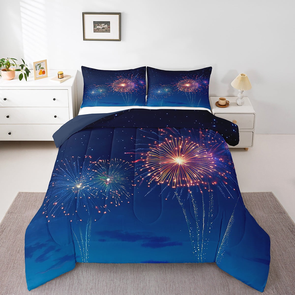 Firework Bedding Set for Adults,Watercolor Fireworks Queen Comforter ...