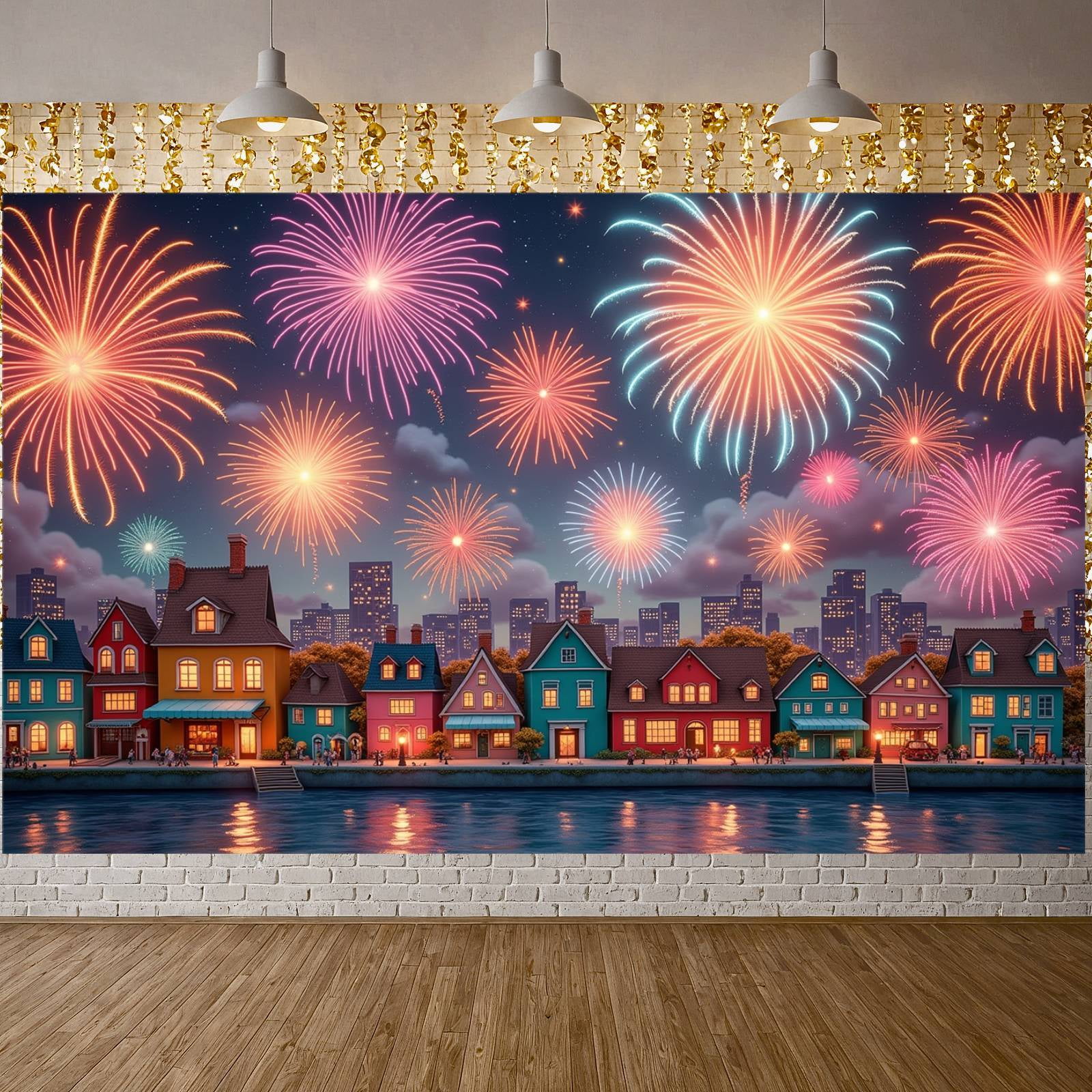 Firework Design Fireworks Display Cityscape Theme Celebration Backdrop ...