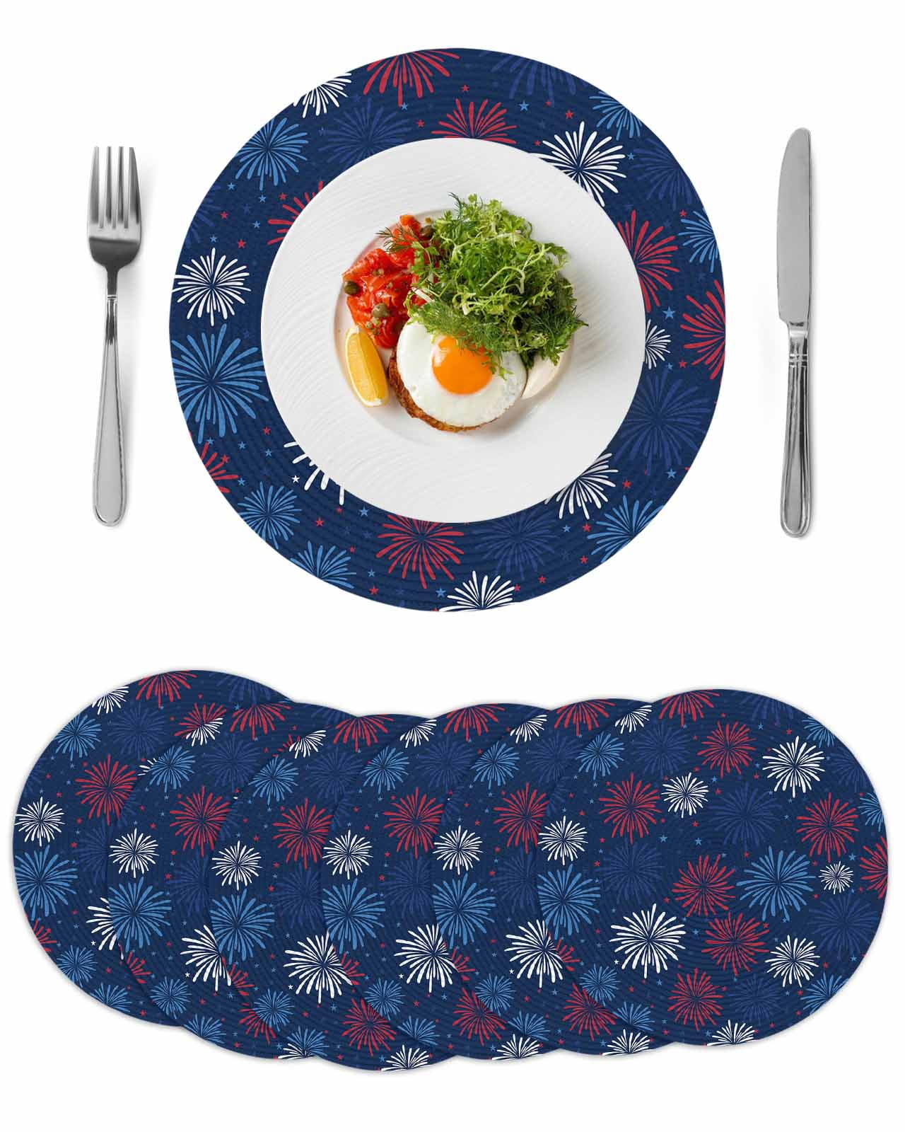 Fireworks 4th of July Round Table Placemats set of 6, Patriotic Red ...