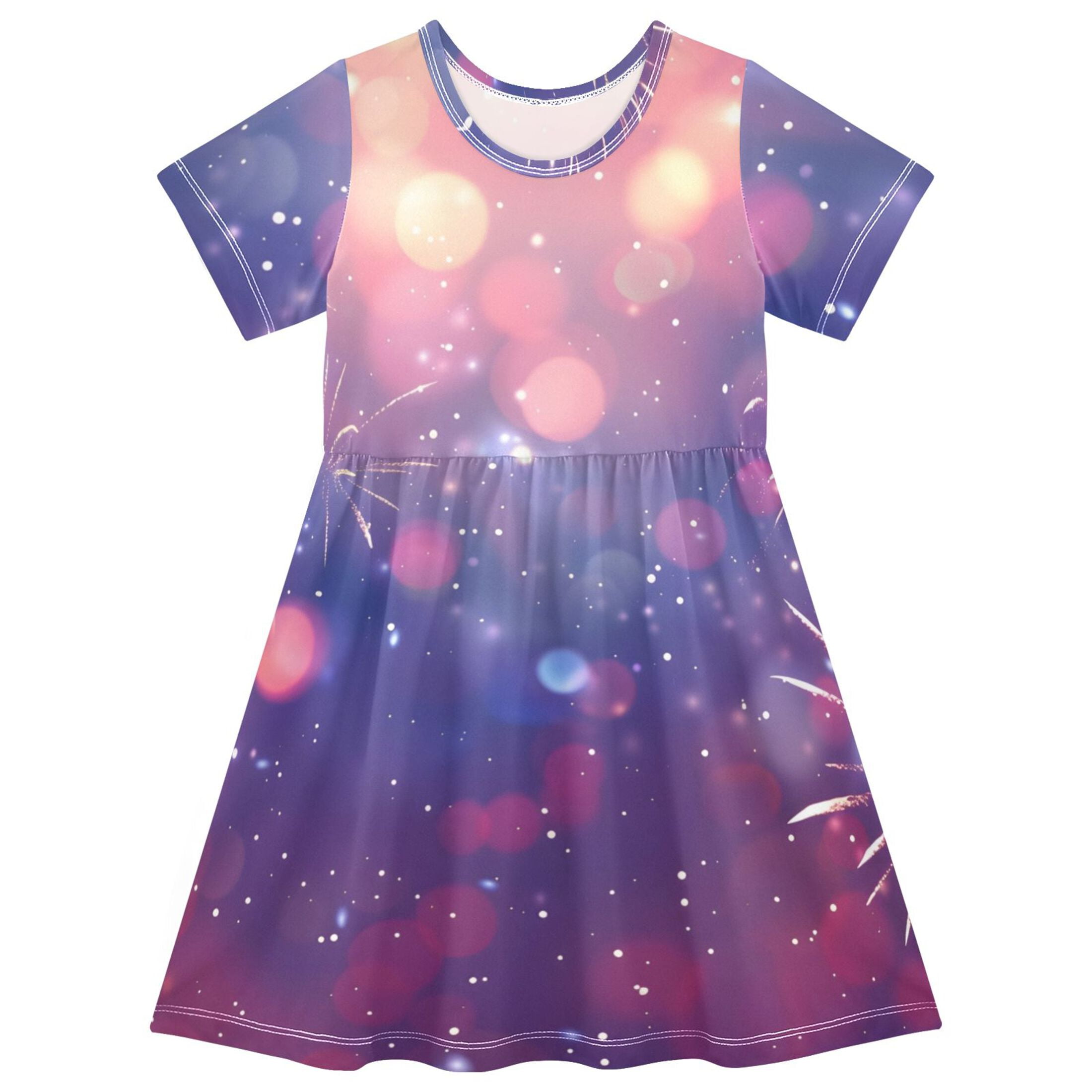 Fireworks Sky Shining Spots Girls' Short Sleeve Dress A-Line One-Piece ...