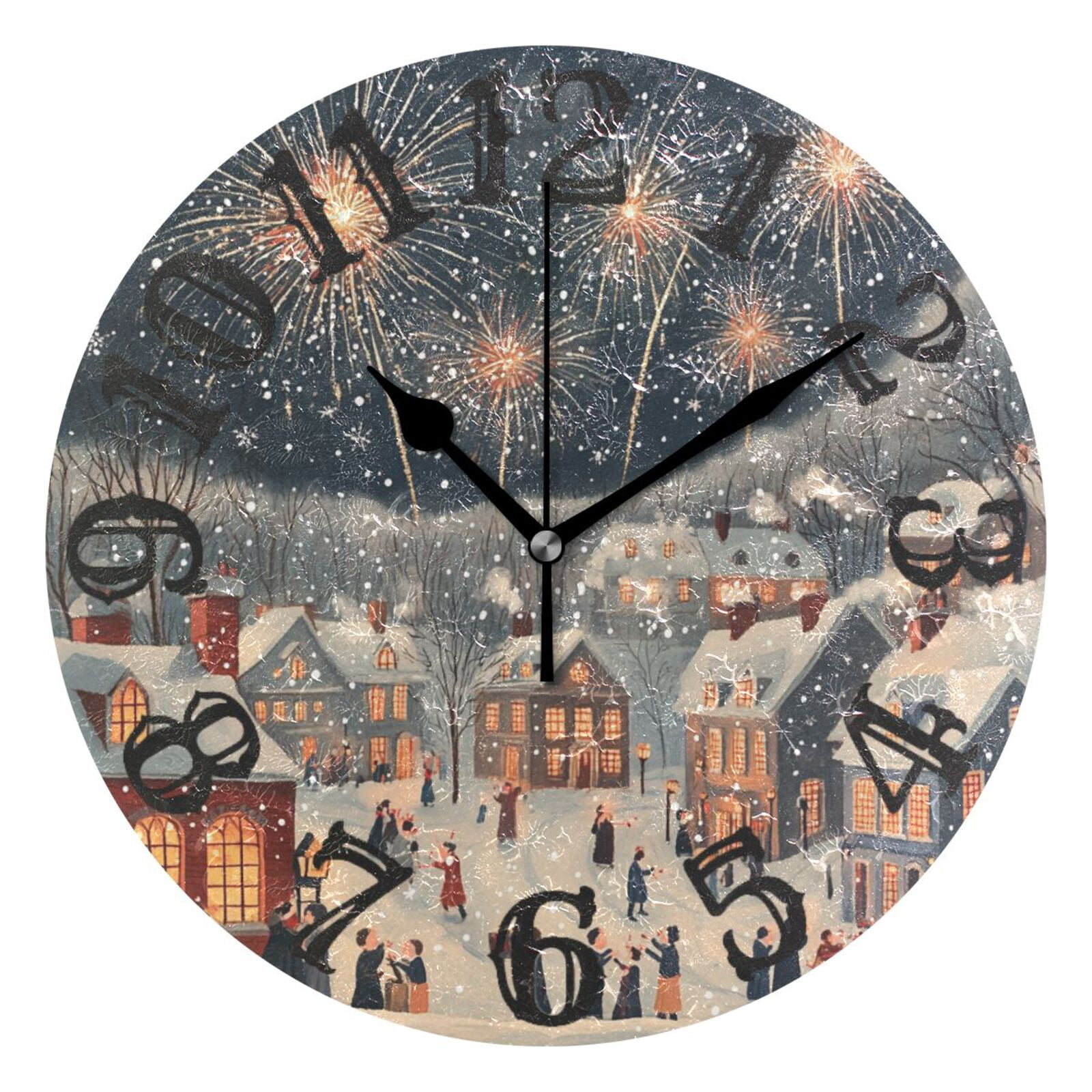 Fireworks Snowing Night Wall Clock 10 inch Non-Ticking Easy to Read ...