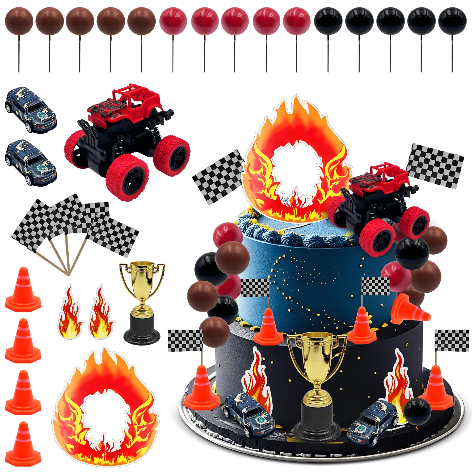 Firleayo Truck Cake PresNok Decorations Race Car Themed Cake Toppers Truck Cupcake Toppers Flame ...