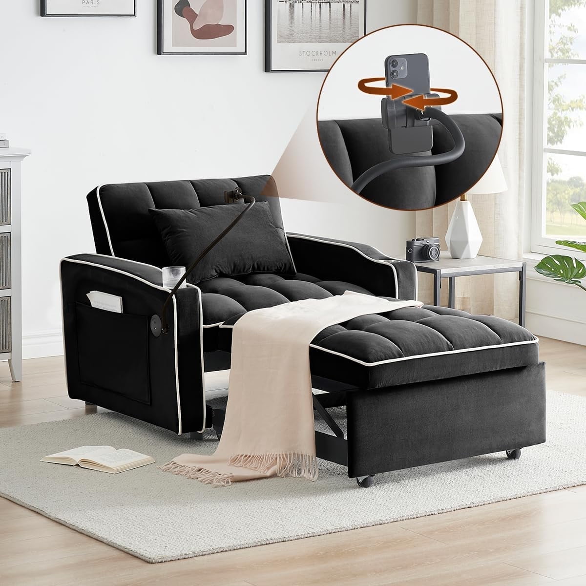 Firscook 3 In 1 Foldable Futon Single Sofa Bed with USB Port and Swivel ...