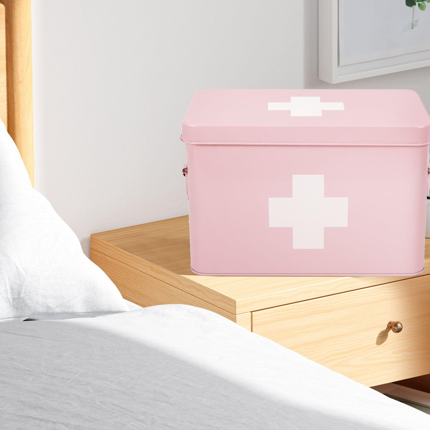 First Aid Box Organizer Empty 13" Pink Vintage First Aid Kit Tin Metal ...