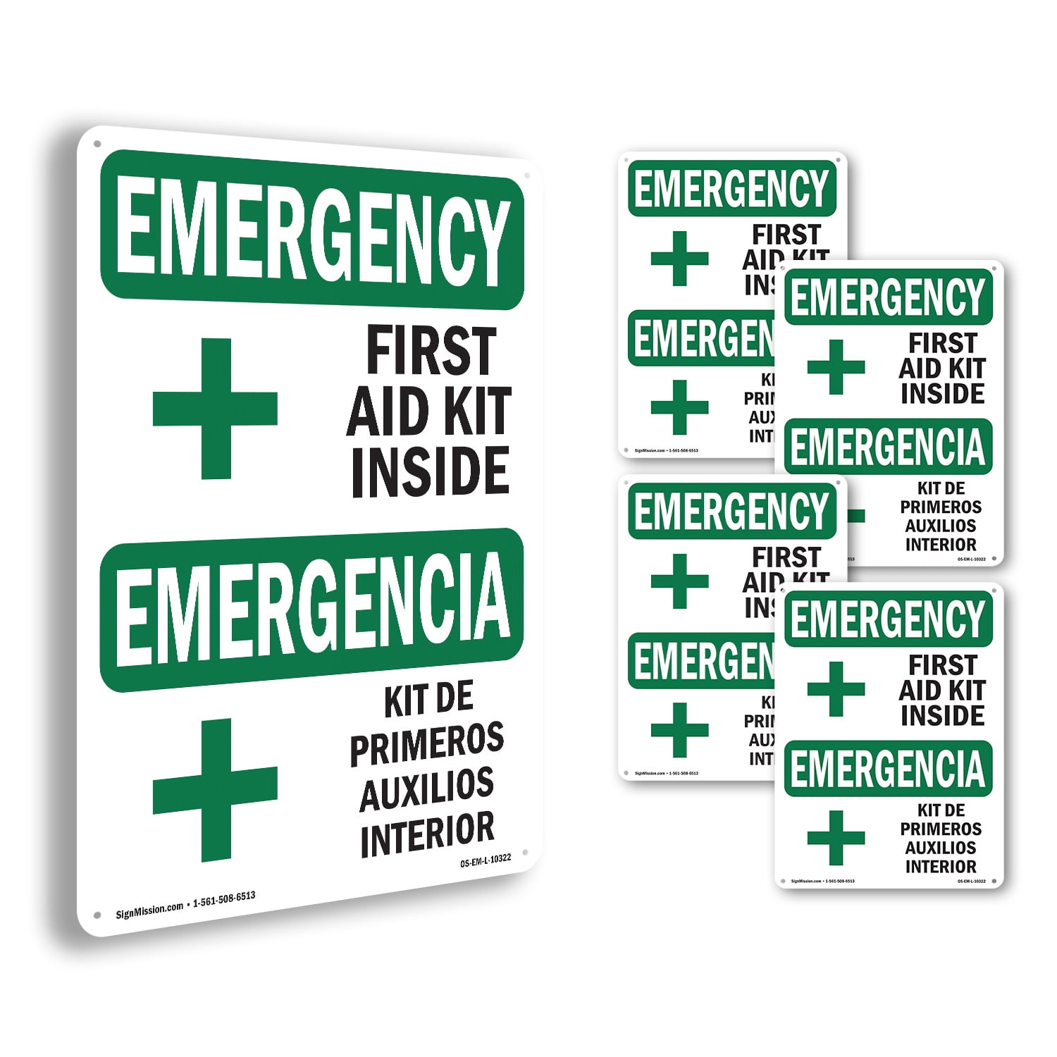 First Aid Kit Inside Bilingual OSHA Emergency Aluminum Sign 10 Inch x 7 ...