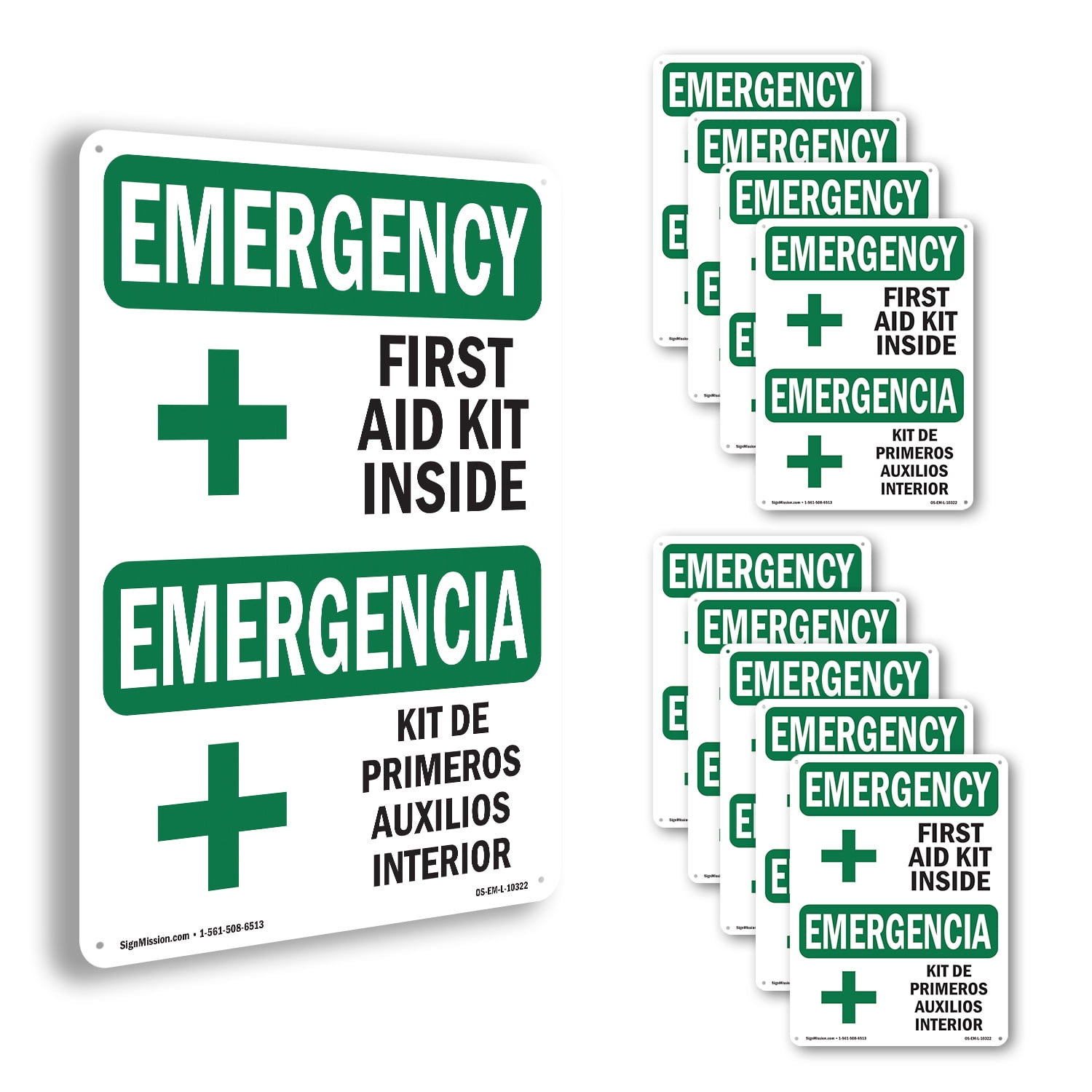 First Aid Kit Inside Bilingual OSHA Emergency Aluminum Sign 18 Inch x ...