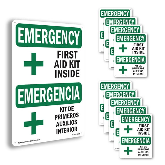 First Aid Kit Inside Bilingual OSHA Emergency Aluminum Sign 18 Inch x ...