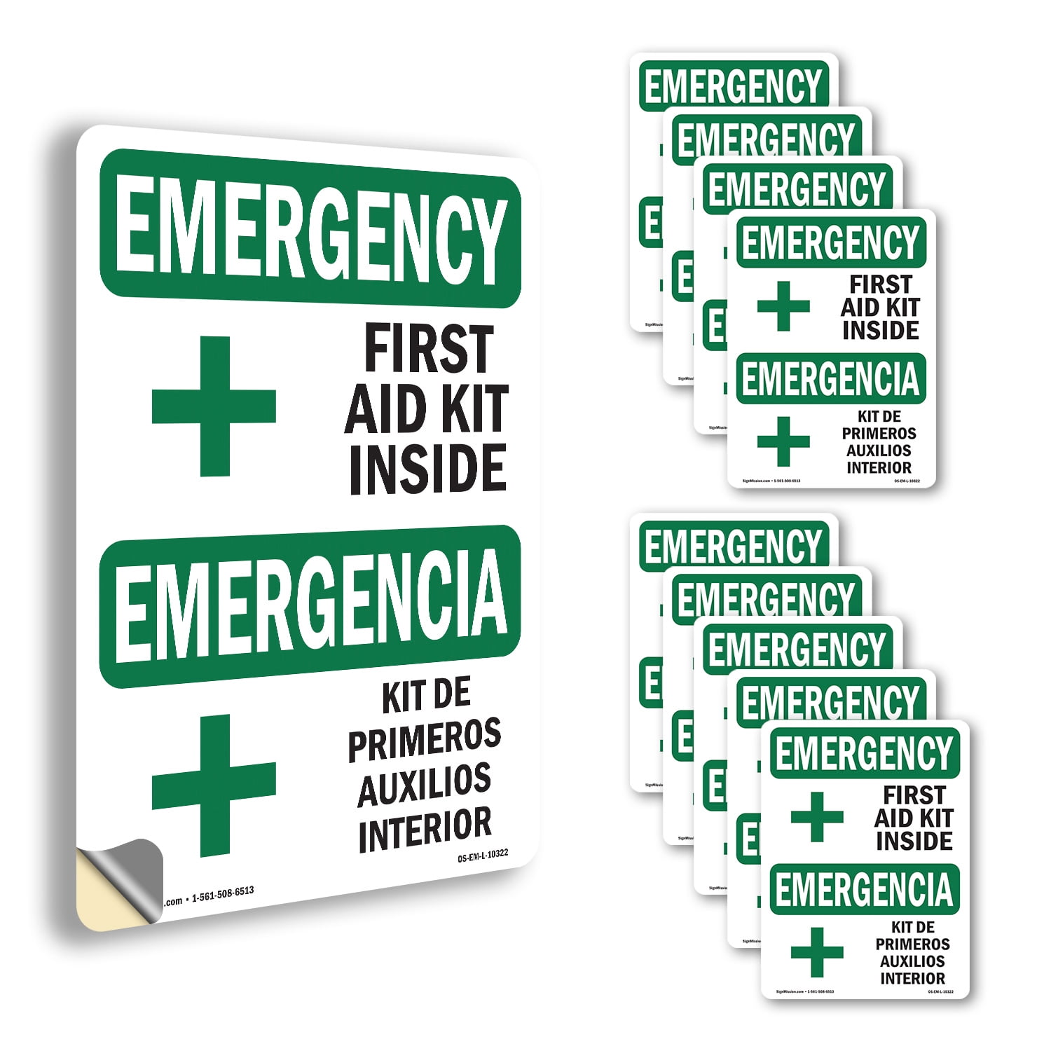First Aid Kit Inside Bilingual OSHA Emergency Vinyl Decal Label 10 Inch ...