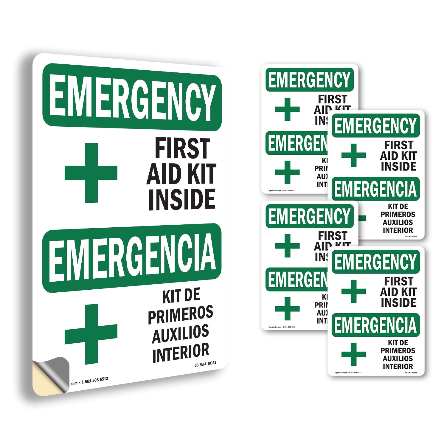 First Aid Kit Inside Bilingual OSHA Emergency Vinyl Decal Label 10 Inch ...