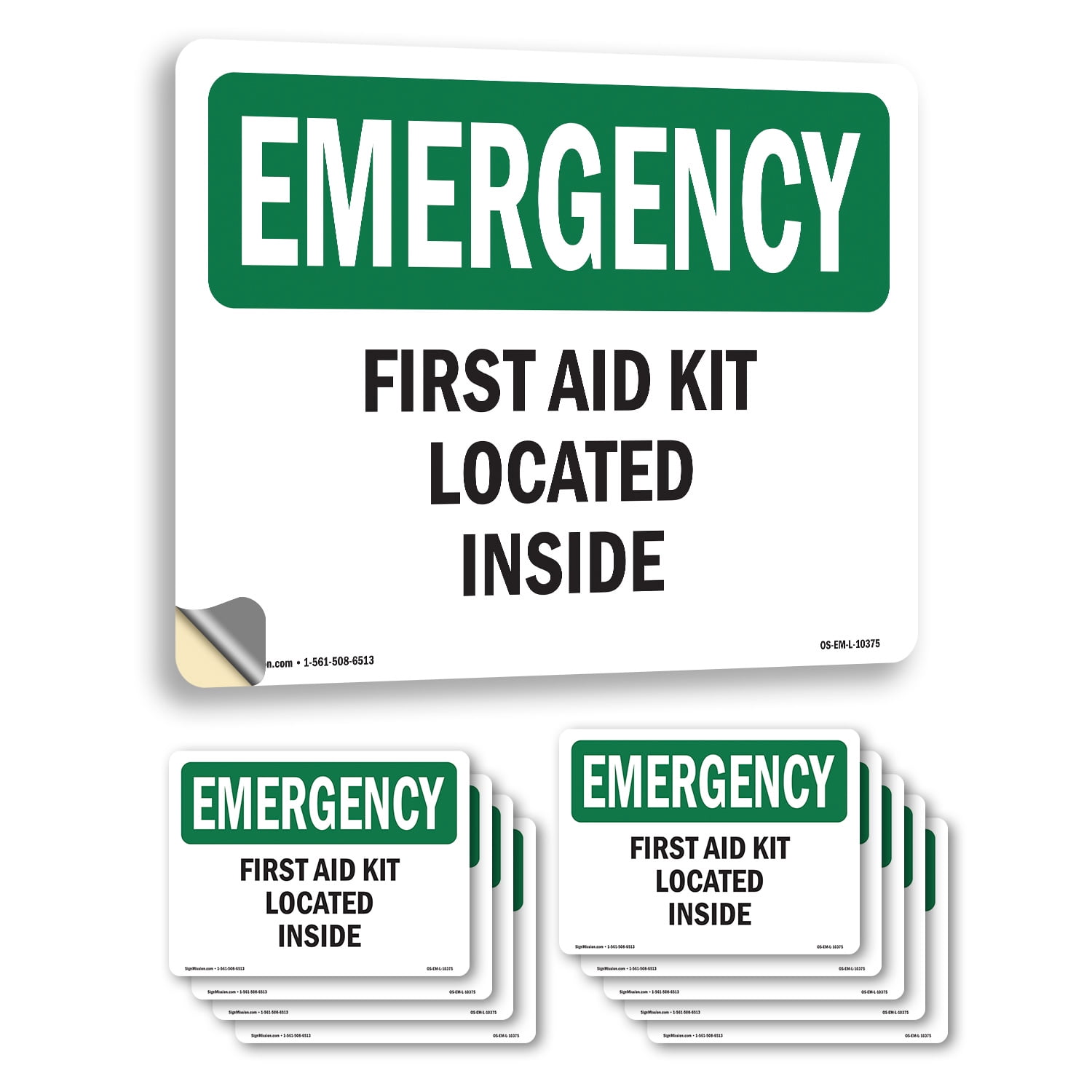First Aid Kit Located Inside OSHA Emergency Vinyl Decal Label 10 Inch x ...