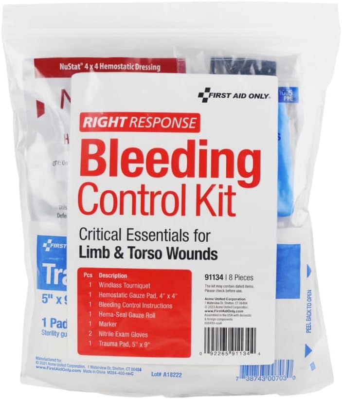 First Aid Only 91134 Critical Essentials Bleeding Control Kit for Limb & Torso Wounds, 8 Pieces ...