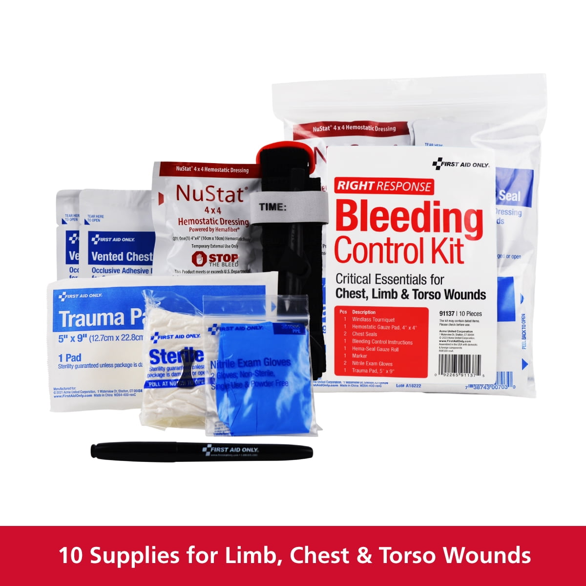 First Aid Only Critical Essentials Bleeding Control Kit, Chest, Limb ...