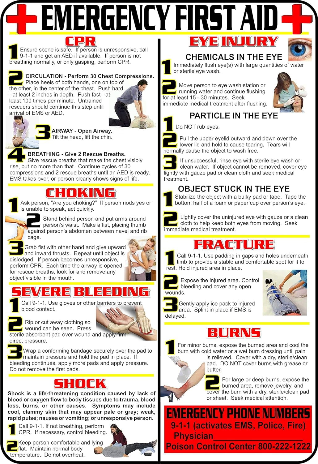 First Aid and Choking Poster, 11' x 17", Laminated, Includes CPR, Shock ...
