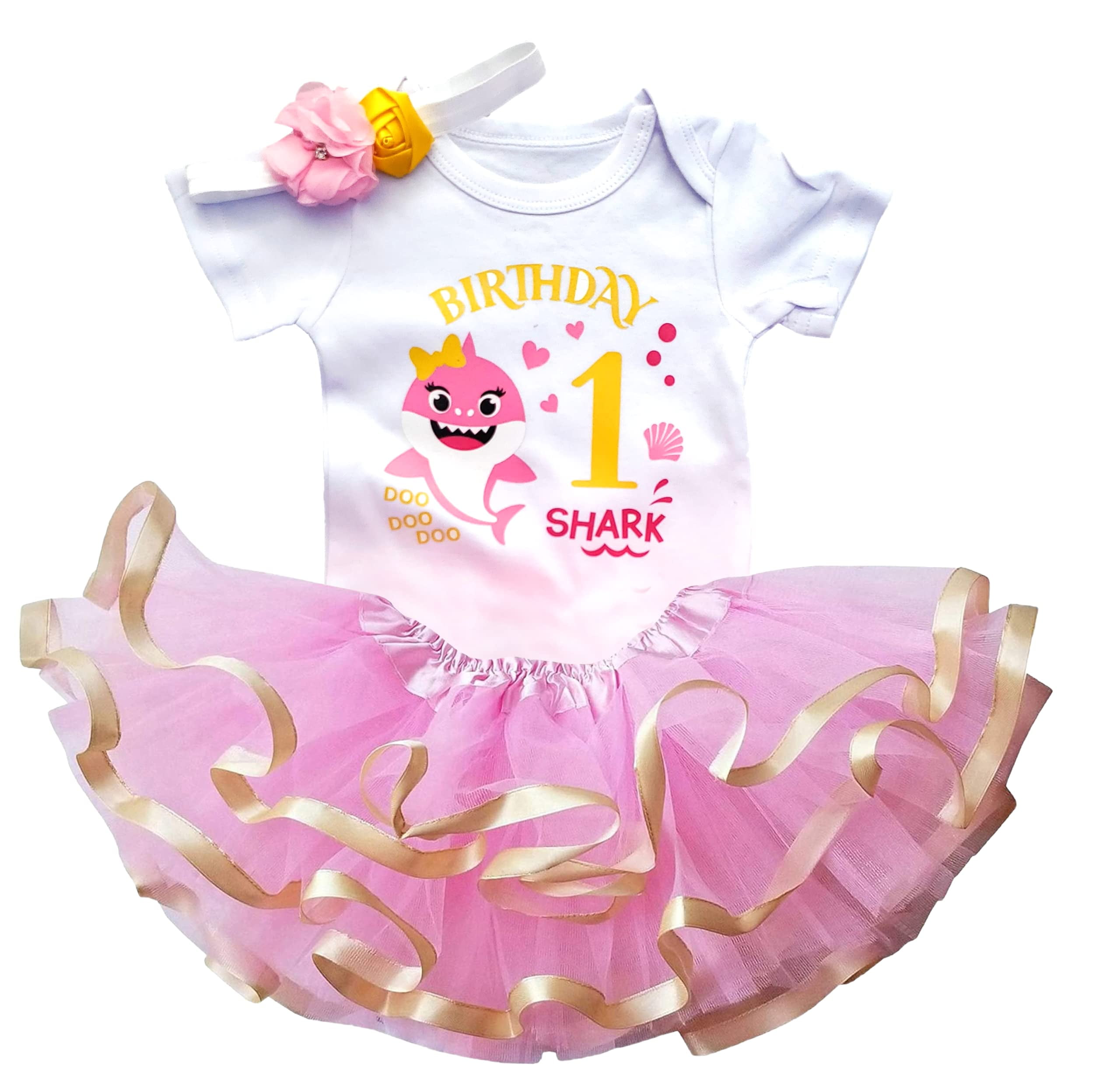 First Birthday Girl Outfit 1st Bday Girl Tutu Baby Shark Pink Gold ...