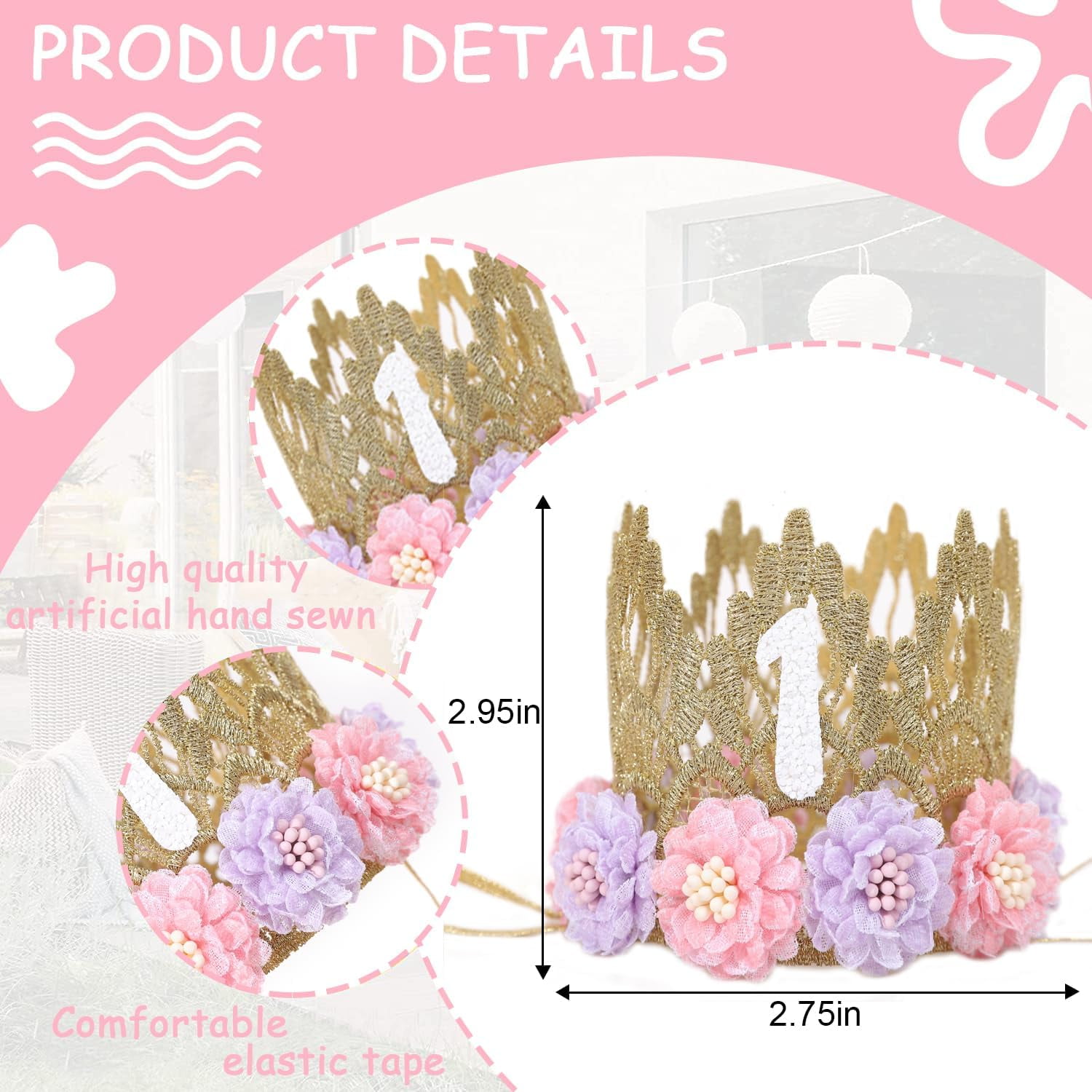 First Birthday Lace Crown - Sienna Flower Lace Crown Party Hat,Baby ...