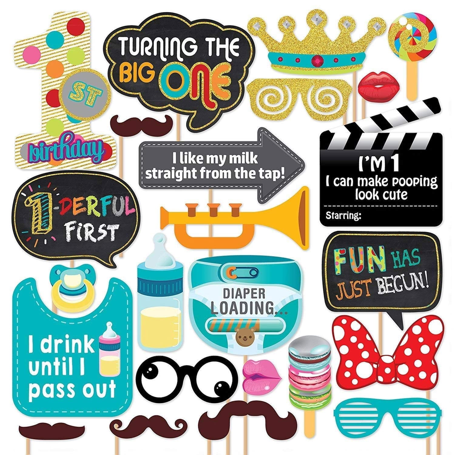 First Birthday Photo Booth Props-24Pcs For 1st Bday Theme Supplies/s ...