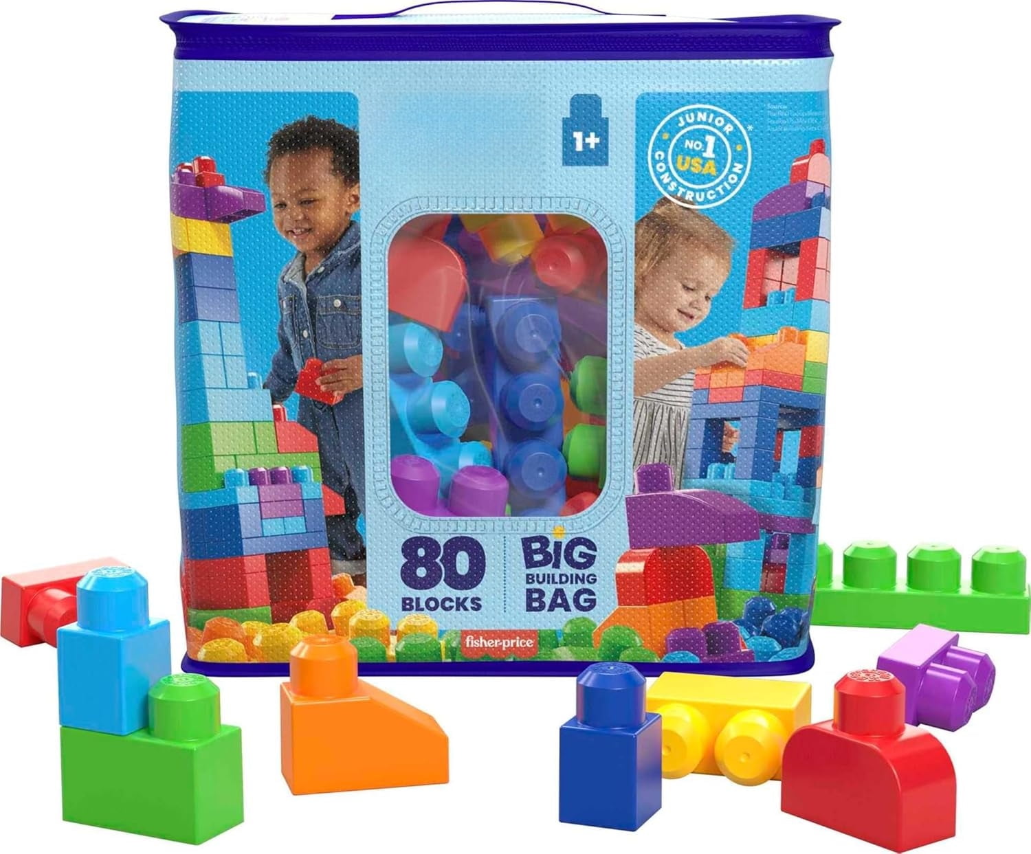 First Builders Toddler Blocks Toys Set, Big Building Bag with 80 Pieces ...