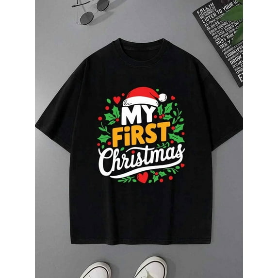 First Christmas Tee men's lover 180G 100% Cotton black Christmas full ...