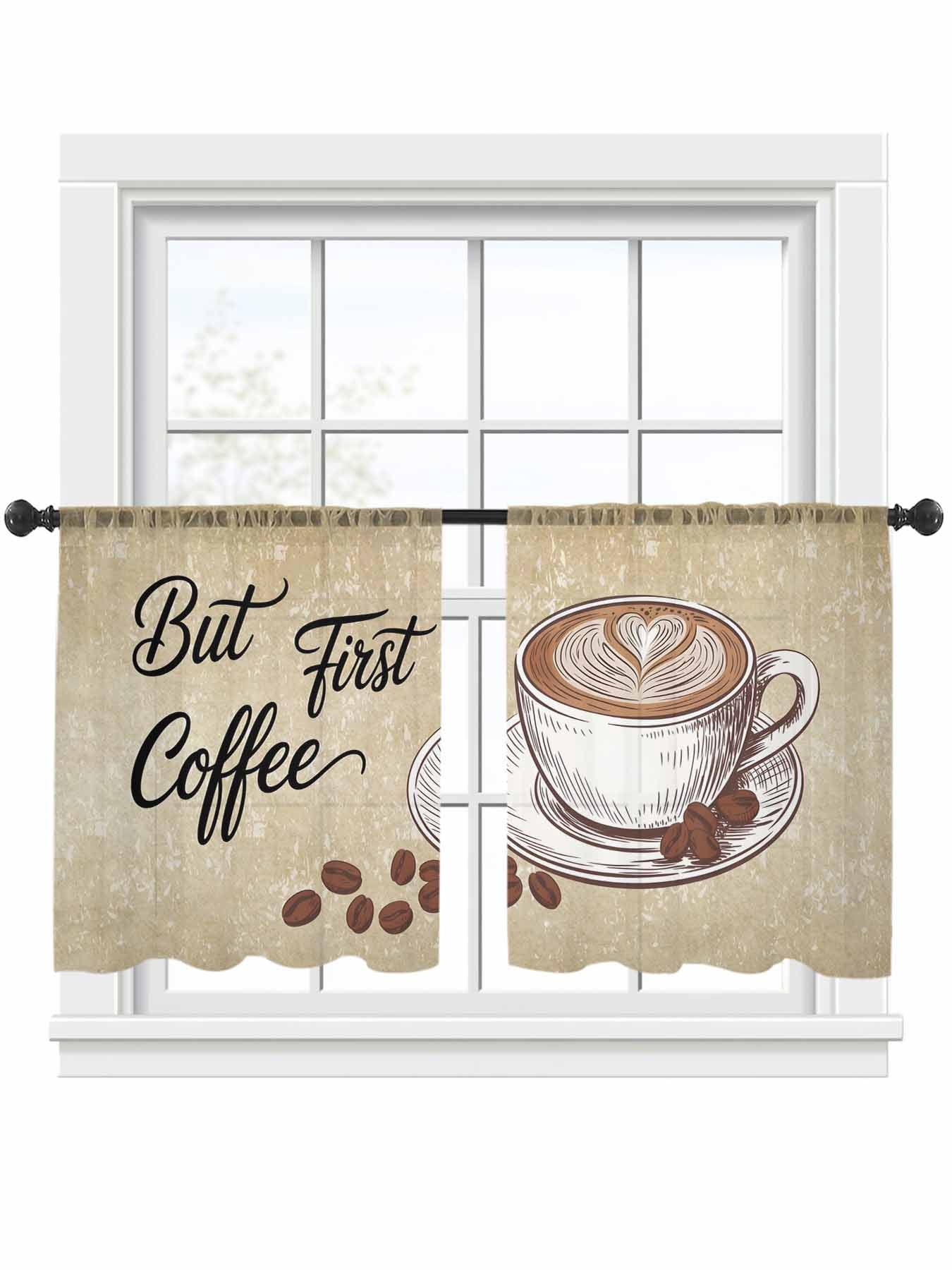 but First Coffee Sheer Curtains 45 Inch Long 2 Panels, Farmhouse Latte ...