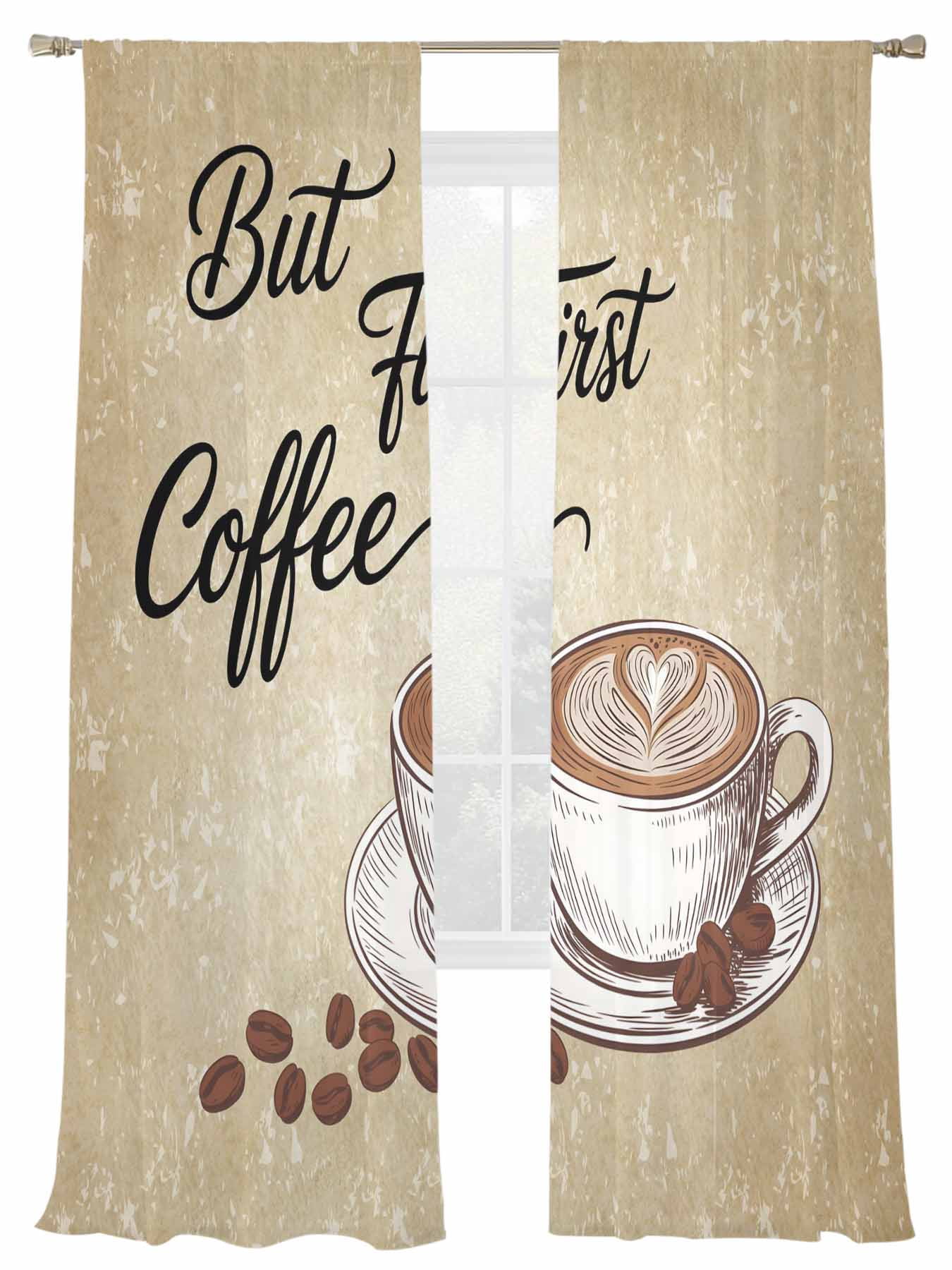 but First Coffee Sheer Curtains 96 Inch Long 2 Panels, Farmhouse Latte ...