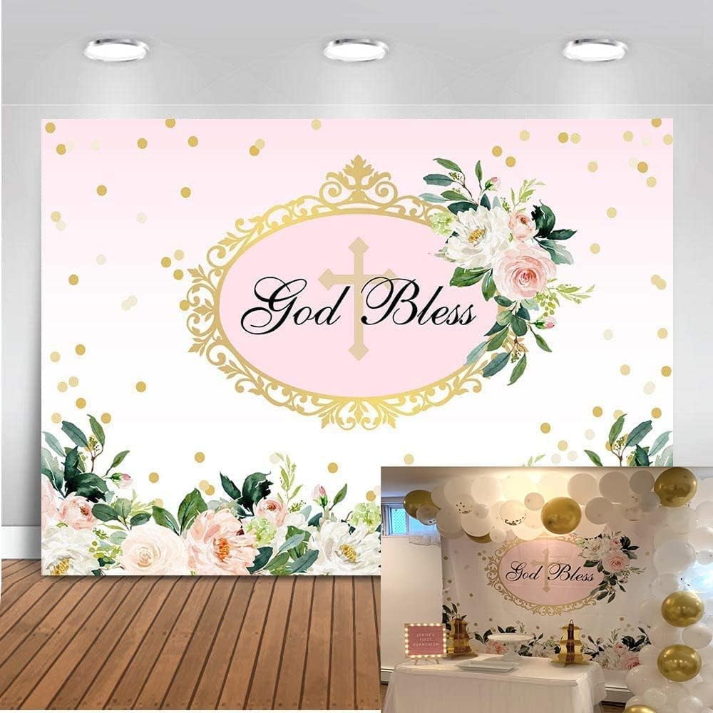 First Communion Backdrop 7x5Ft God Bless Baptism Flower Photo Backdrops ...