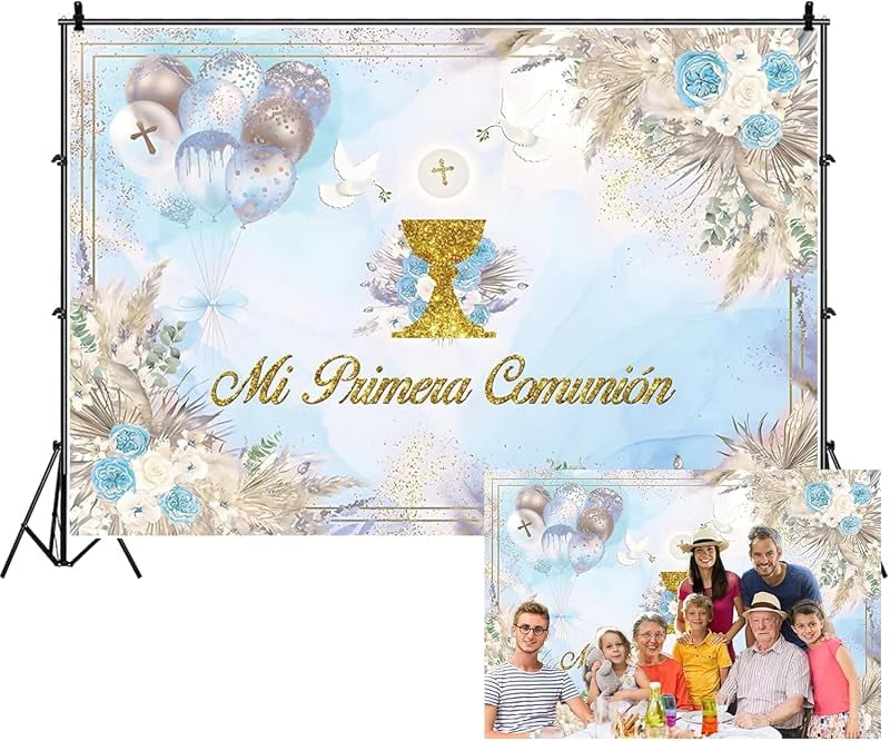 My First Communion Backdrop for Boy Blue Rustic Floral Pampas Grass ...