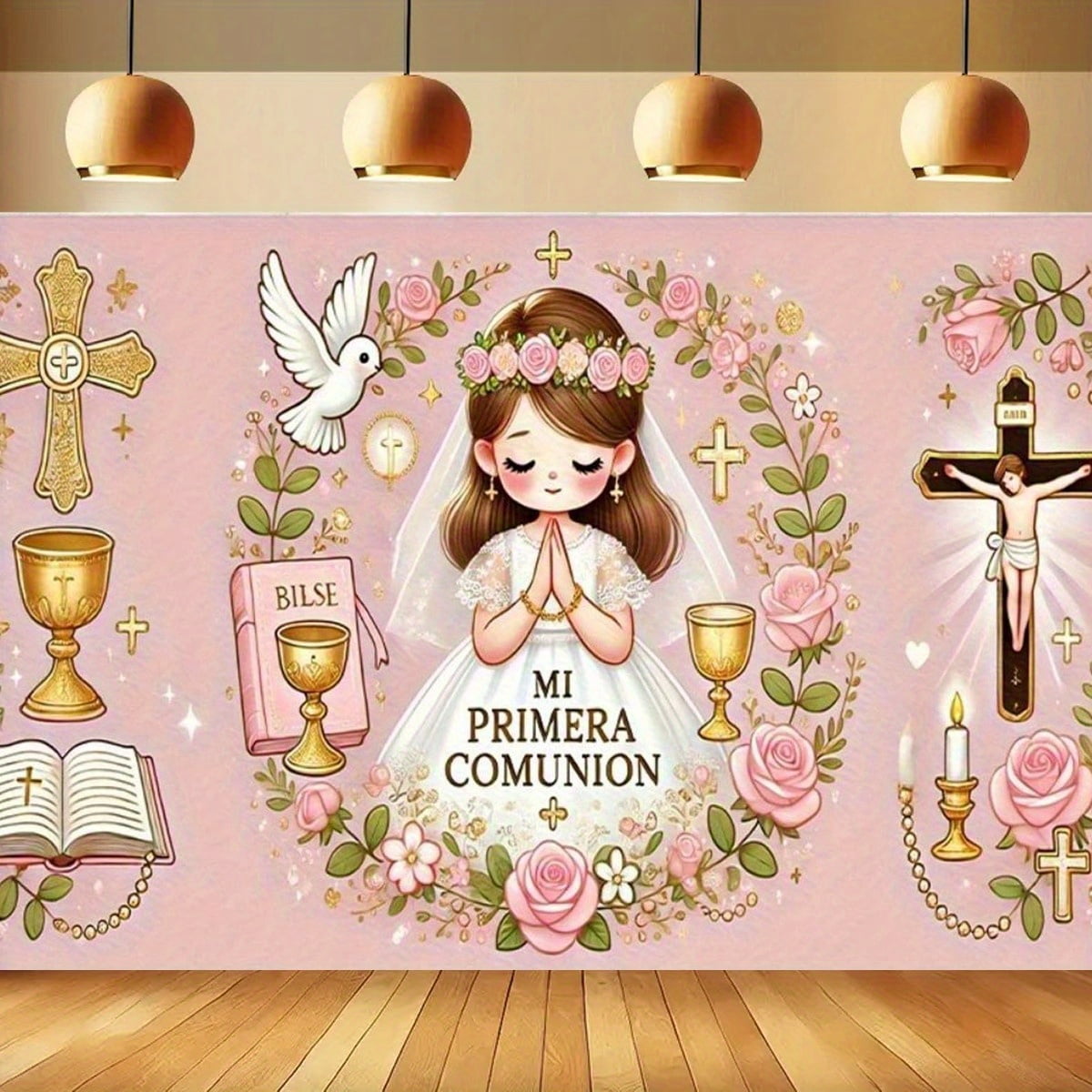 First Communion Backdrop Pink Floral White Doves Mi Primera Comunion ...