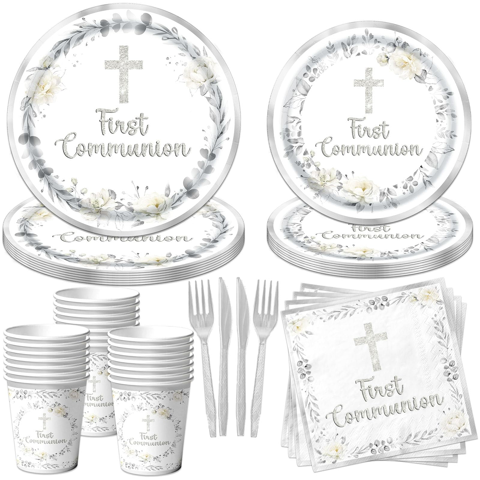 First Communion Decorations, 150Pcs SSF20 Silver First Communion Plates ...