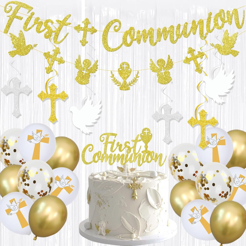 First Communion DecorationsTRDN First Communion Balloons Gold Glitter ...