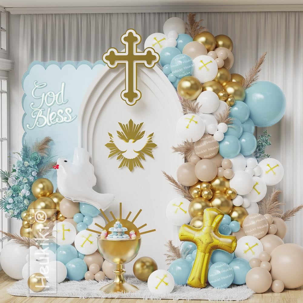 First Communion Dusty Blue Balloon Garland Arch Kit, Boys God Bless ...