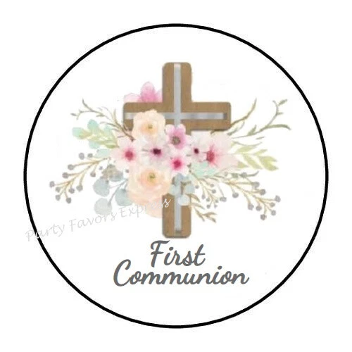 First Communion Floral Cross Stickers Party Favors Phone Decal Water ...