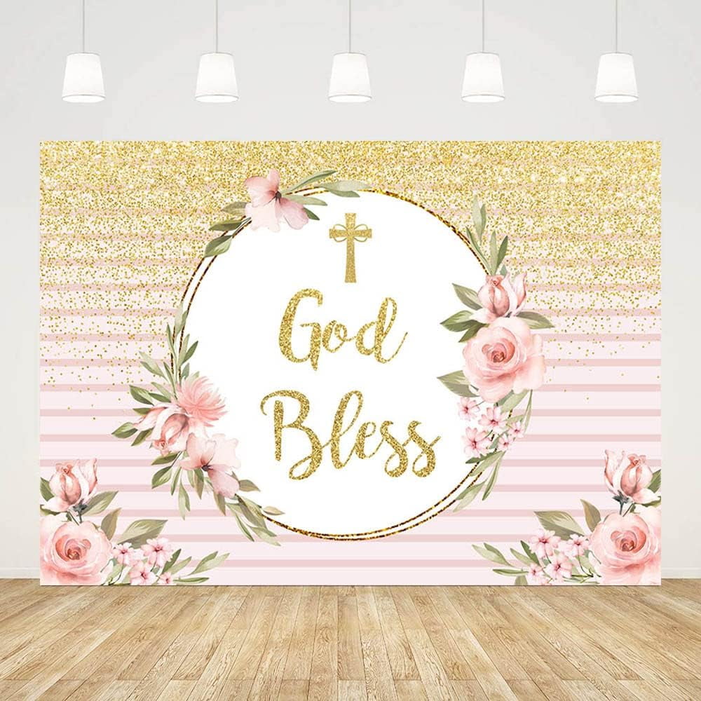 First Communion God Bless Backdrop for Girl Pink White Stripe Flowers ...