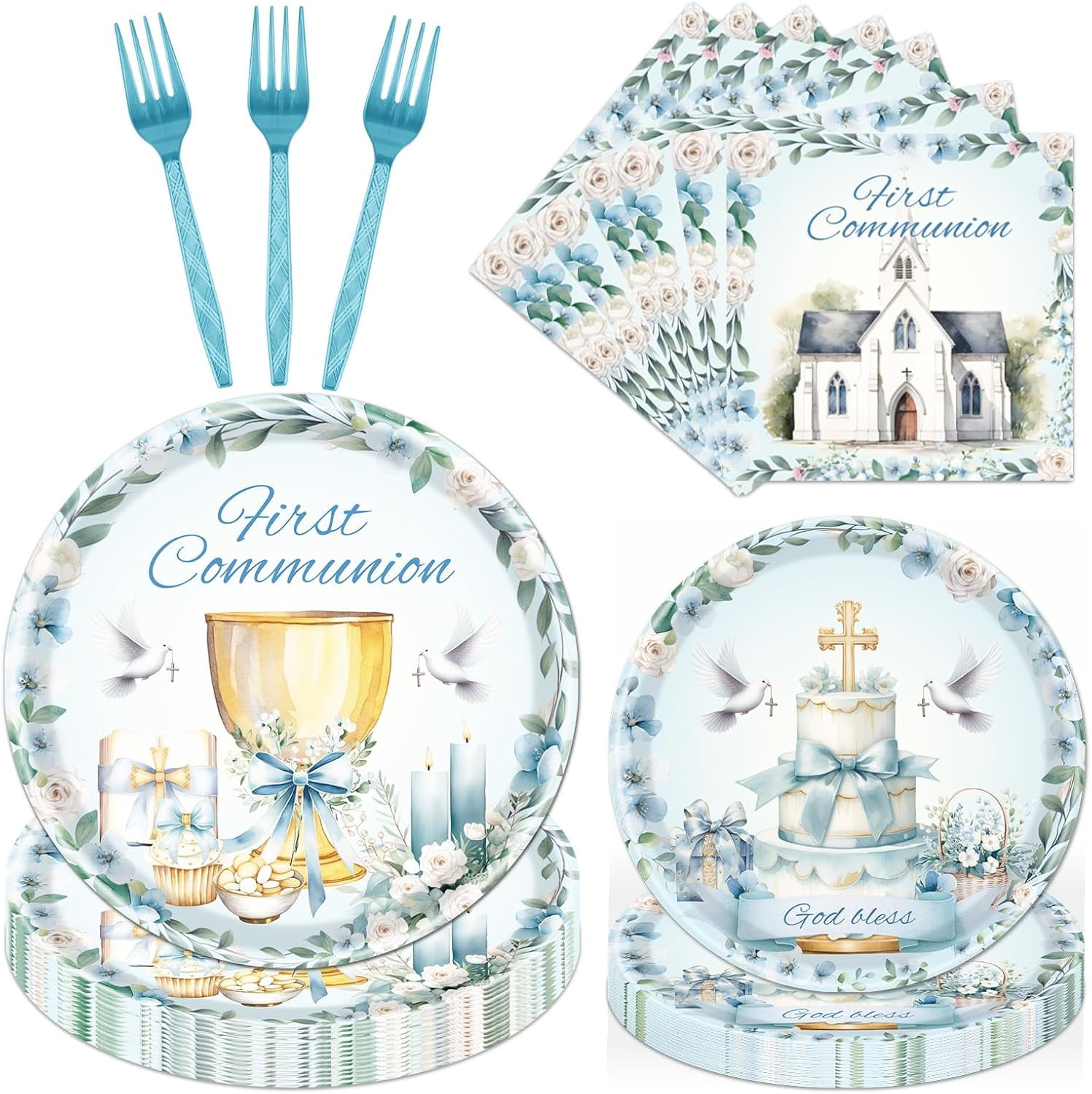 First Communion Plates and Napkins Decorations for Boys, 96PCS Blue God ...