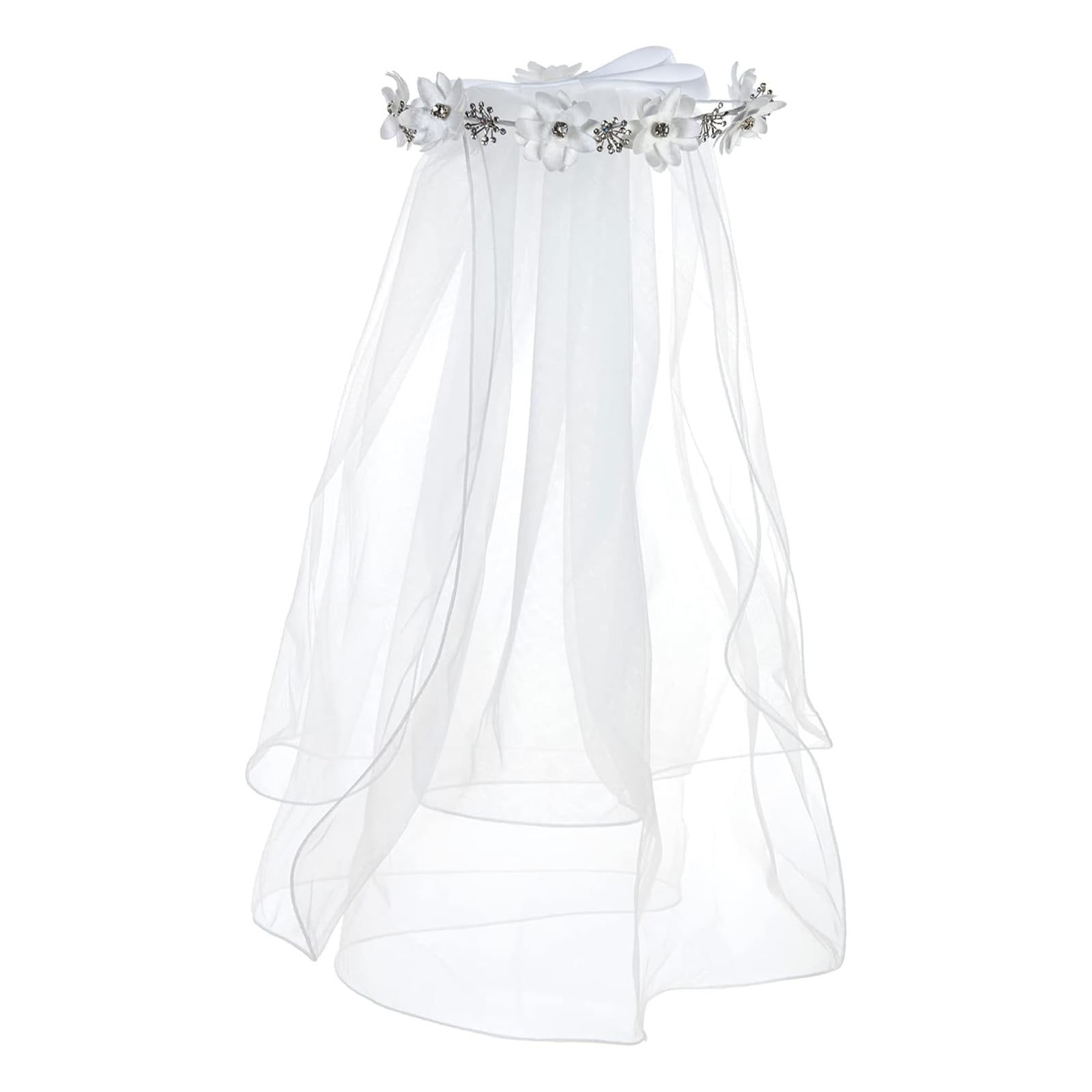 First Communion Veil with Floral Crown, White Tulle with Rhinestones ...
