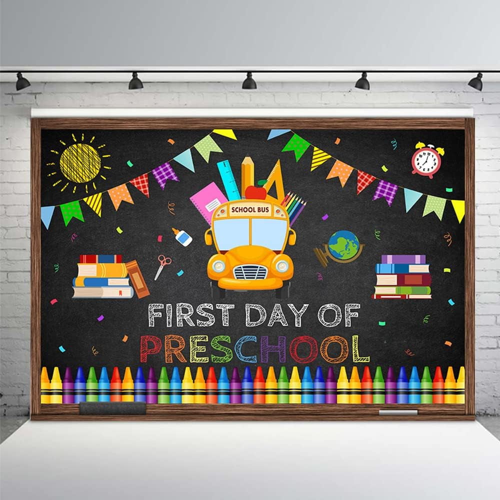 First Day of Preschool Photo Backdrop Globe Books Chalkboard ...