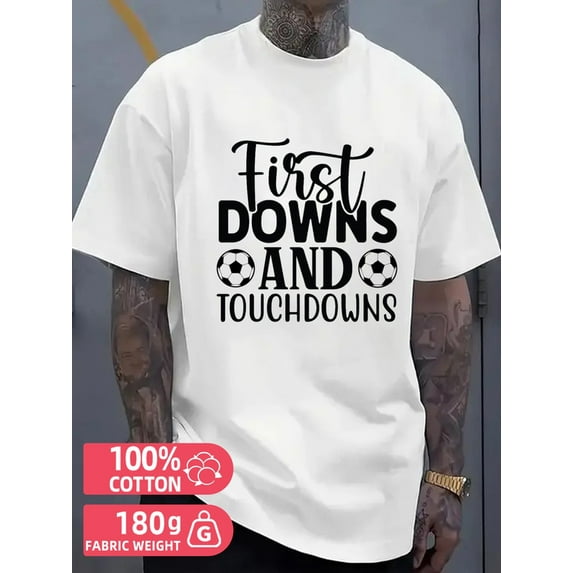First Downs Tee men's white 180G 100% Cotton printed T-shirts ...
