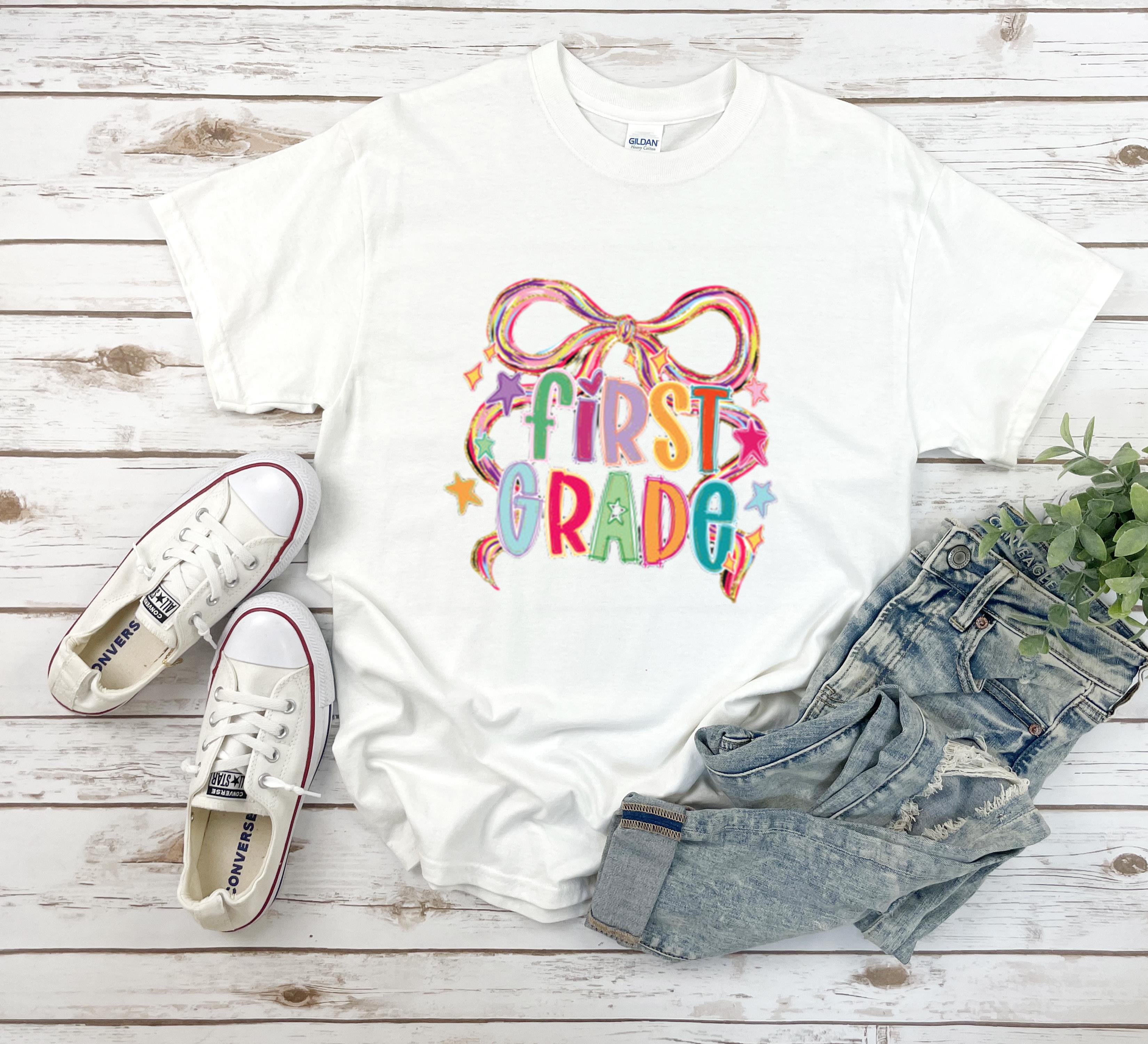 First Grade Cute Girly Bow Funny First Day Of School Teacher Unisex T ...