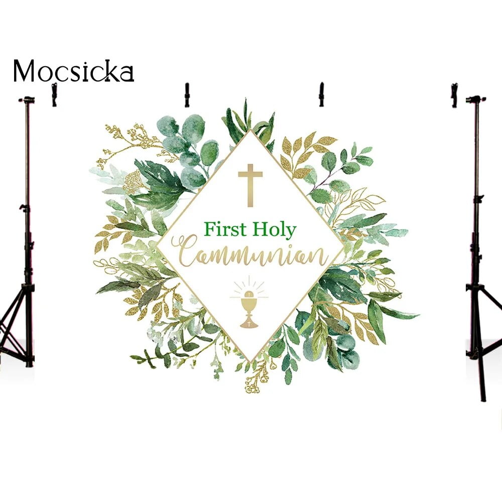 First Holy Communion Baby Shower Backdrop for Photography Green Leaves ...