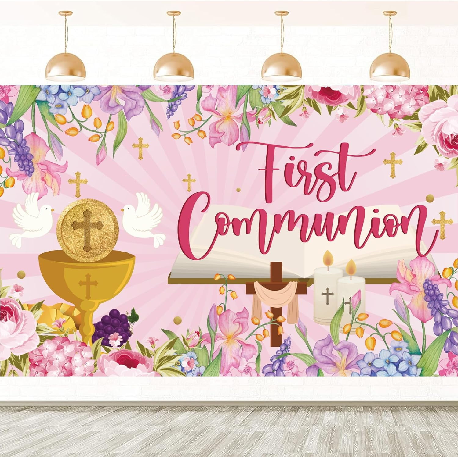 First Holy Communion Backdrop Banner Decorations, Pink Gold Floral ...